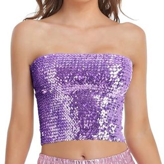 Generic Haut &agrave; paillettes arc-en-ciel pour femme - Haut tube &agrave; paillettes pour femme - Couleur unie - Tunique brillante d&eacute;contract&eacute;e - Corset scintillant - Ha