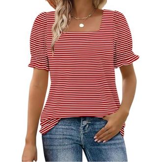 Generic T-shirt d&eacute;contract&eacute; &agrave; col carr&eacute; et manches smock&eacute;es pour femme, haut habill&eacute; et d&eacute;contract&eacute; &agrave; manches volant&eacute;es, rouge/ray&eacute;, XXL