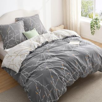 Bedsure Bettw&auml;sche 200x200 3teilig Bettbezug - Bettw&auml;sche-Sets 200 x 200 cm mit 2 Kissenbez&uuml;ge 65x65 cm, &Ouml;KO-TEX Wendebettw&auml;sche Bedding Muster Grau Zweige f&uuml;