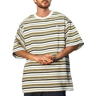 Generic T-shirt pour homme avec broderie r&eacute;tro japonaise &agrave; manches courtes pour l&eacute;t&eacute; pour homme et femme, coupe ample, Hit The Color Striped Body Shirt, Blanc