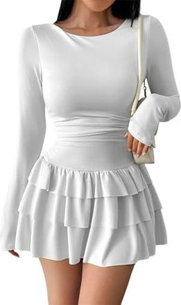 Generic Robe de printemps &agrave; manches longues pour femme, col montant, fronc&eacute;, volants, v&ecirc;tements moulants, couleur unie, coupe ajust&eacute;e, mini robe &eacute;l&eacute;gante, bla