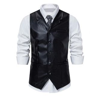 Generic Gilet en similicuir noir pour homme, coupe ajust&eacute;e, boutonn&eacute;, avec revers crant&eacute;, sans manches, aspect cuir, gilet classique formel avec poche, Noir, 