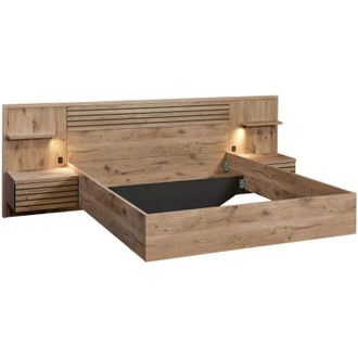 Altobuy Lit 180x200cm avec t&ecirc;te de lit chevets suspendus et &eacute;clairage int&eacute;gr&eacute; aspect bois et noir - NIKITA