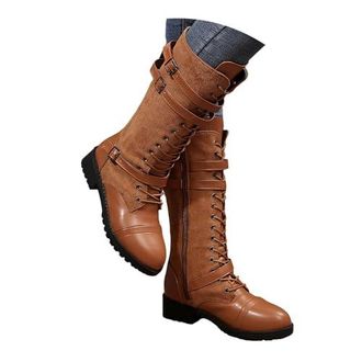 Generic Bottes montantes à lacets pour femme - Bout rond - Talons épais - Boucle tendance - Bottes de combat pour femme - Bottes déquitation à lacets et ferme