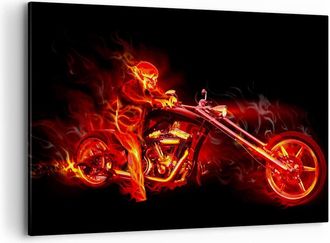 Arttor Bilder auf Leinwand 100x70cm Leinwandbild Flammen Motorrad Skelett Gro&szlig; Wanddeko Bild Schlafzimmer K&uuml;che Deko Wandbilder Dekoration Wohnzimmer Wall De