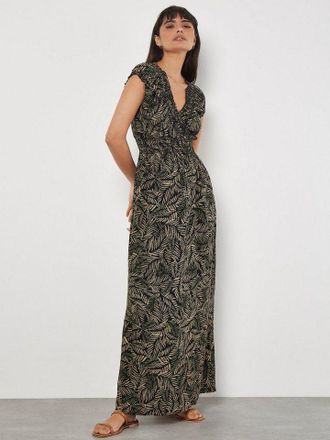 Apricot Maxikleid Sommerkleid mit Smockdetails und Batik-Bl&auml;tter Druck