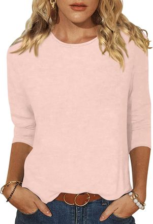Minetom T-Shirt Damen 3/4 Arm Shirt Rundhals Tshirt Sommer Leichte Pullover Oberteil Einfarbig Basic Tee Tops A Rosa XXL