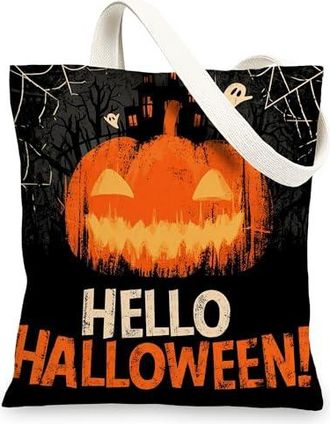 Generic Sacs fourre-tout en toile dHalloween, motif citrouille effrayante, sacs dépicerie réutilisables, amusants, festifs, légers, lavables avec bandoulière 