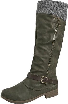 Generic Bottes hautes pour femme - Style d&eacute;contract&eacute; et confortable - Col en tricot &eacute;l&eacute;gant - Boucle &agrave; talon bas - Fermeture &eacute;clair lat&eacute;rale - Bottes d&eacute;quitat