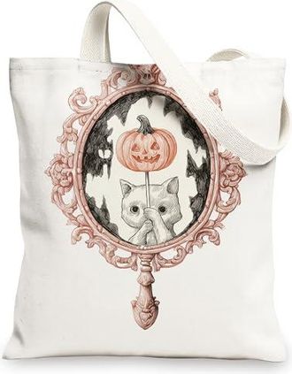 Generic Sacs fourre-tout en toile dHalloween, motif chat citrouille, sacs dépicerie réutilisables, style vintage, légers et lavables avec bandoulière, blanc, 