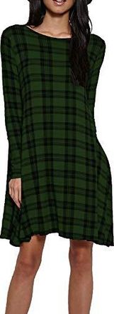 Re Tech UK Robe Patineuse - pour Femme - Jersey - Longueur midi/Manches Longues - Carreaux écossais Vert Bouteille - M/L EU 40-42