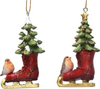 Gisela Graham Stiefel aus Kunstharz, 8 cm, mit Baum und Rotkehlchen, 2 St&uuml;ck