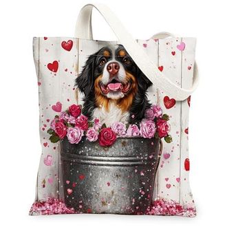 Generic Sac fourre-tout en toile pour faire du shopping - Motif chien de montagne bernois - 33 x 38 cm - Rose en bois - R&eacute;utilisable - Pour femme - D&eacute;coration