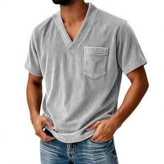 Generic DENGJIAMY T-shirt &agrave; manches courtes et col en V &agrave; rayures verticales pour homme T-shirt d&eacute;contract&eacute; tendance avec poche grande taille T-shirts unis cl