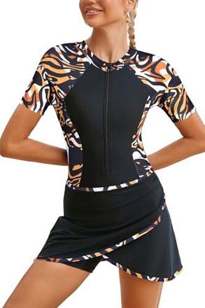 SHEKINI Femmes Deux pièces Sport Manches Courtes Surf Zip garçon Jambe Une pièce Anti - éruption Maillot de Bain + Jupe de Natation (Noir + Texture irrégulièr