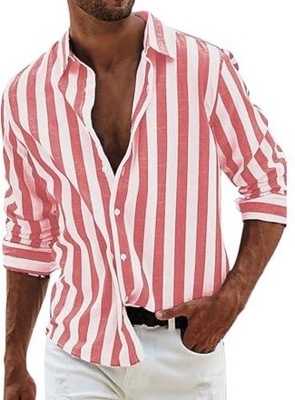 Generic Chemise en lin pour homme - Chemise longue en lin pour homme - Coupe ajust&eacute;e - Blanc - T-shirt ajust&eacute; en coton blanc - T-shirt &agrave; manches longues pour 