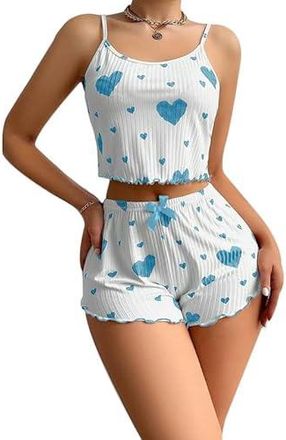 Generic Ensemble de pyjama dété 2 pièces pour femme avec imprimé coeur et col rond sans manches, bleu, 34-36