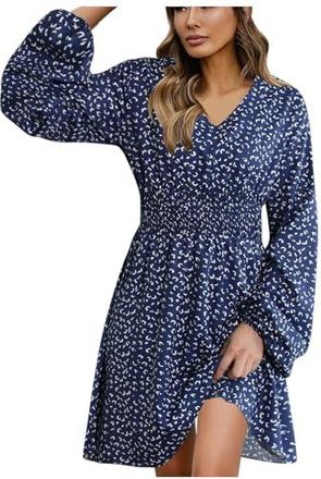 Generic Robe amincissante &agrave; pois pour femme, col en V, manches longues, taille pliss&eacute;e, jupe ajust&eacute;e, bleu, XXL