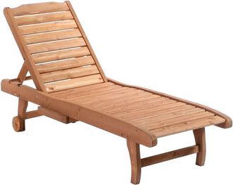 OUTSUNNY Bain de soleil transat style colonial dossier r&eacute;glable 3 positions roulettes tablette support bois sapin pr&eacute;-huil&eacute;