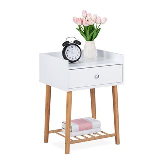 Relaxdays Nachttisch, 2 offene Ablagen, mit Schublade, modern, Schlafzimmer, Nachtschrank, HBT: 55,5x40x35cm, weiß/natur