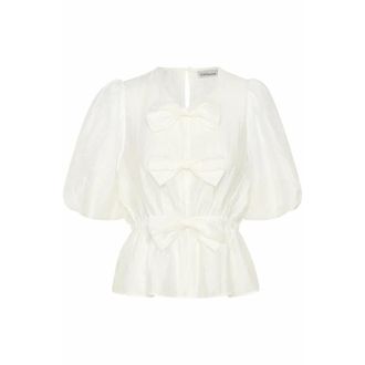 Karen by Simonsen Wei&szlig;e Bluse mit Puff&auml;rmeln und Schleifen - - Blouses & Shirts - Damen - Wei&szlig; - XL