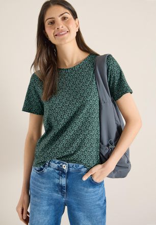 Cecil T-Shirt CECIL, Damen, Gr. XXL (46), gr&uuml;n (raw khaki), Web, 50% Baumwolle, 50% Modal, gemustert, comfort fit normal, Rundhals, abgesteppt, Shirts T-Shi