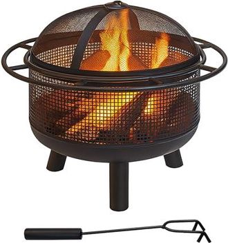 Relaxdays Feuerschale mit Funkenschutz, HD: 52x60 cm, Sch&uuml;rhaken, Garten & Terrasse, Outdoor Feuerstelle, Eisen, schwarz