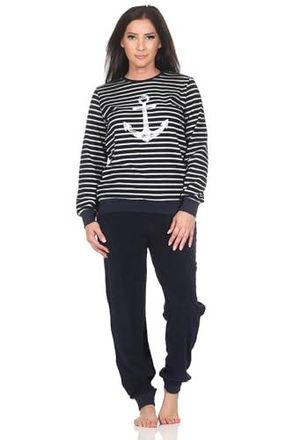 Normann Pyjama &agrave; manches longues en tissu &eacute;ponge pour femme avec poignets aspect marin et motif ancre, Marine, 38-40