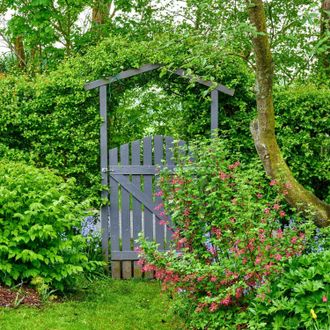 Wallario Glasplatte, Schutzplatte 55 x 55 cm - geeignet für IKEA Lack Tisch, für Beistelltisch/Couchtisch, Gartentor ins Grüne