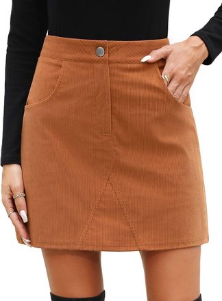 Heekpek Damen Cordrock Minirock Hohe Taille Rock Damen Herbst Winter Mini Skirt Wickelrock A-Linie Business Rock Kurz mit Taschen, Braun, XXL
