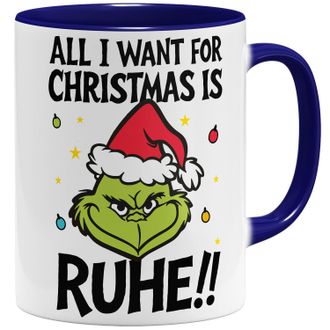 OM3 lustige Weihnachts Kaffee-Tasse mit Spruch - all I want for Christmas is RUHE - Keramik Becher - 325ml - Beidseitig Bedruckt - Dunkelblau