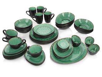 S&auml;nger | Kombiservice Palm Beach 47 teiliges Geschirr-Service 4 Personen Steingut, Speise-, Dessert-, Unterteller, Becher, Tassen, Untertassen, Schalen, Serv