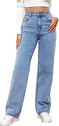 Generic Jean Femme Taille Haute Coupe Droite Straight Jeans Baggy Jambes Larges amincissantes avec Tous Les Pantalon Automne Hiver Elastique Classique en Deni