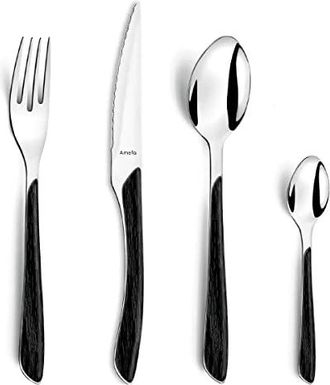 Amefa ECLAT NATURE Besteck Set 4 Personen (Holzoptik/schwarz) 16-teilig mit feiner Maserung Edelstahl 18/10 rostfrei und hochglanzpoliert sp&uuml;lmaschinenfest 