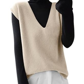 Generic Pull sans manches pour femme, col en V, ample, surdimensionné, gilet en tricot uni, débardeur classique, couleur unie, décontracté, doux et confortabl