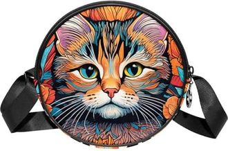 Generic Sac &agrave; bandouli&egrave;re rond rond pour femme, motif chat color&eacute;, avec fermeture &eacute;clair, bretelles r&eacute;glables, style d&eacute;contract&eacute;