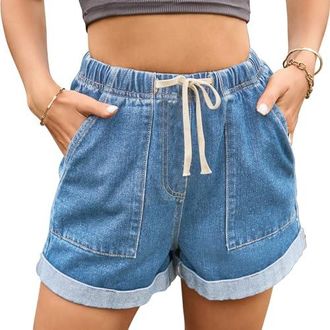 Feoya Femme Shorts Jeans Short Eté Taille Haute Courtes Jeans Hot avec Cordon Shorts Court Denim Pantalon Court avec Poche Pantalon Shorts Bleu 2 XL
