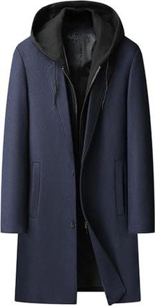 Generic Manteau en laine &agrave; capuche pour homme - Manteau long trench d&eacute;contract&eacute; en laine - Simple boutonnage - Chaud et doux, bleu marine, XXL