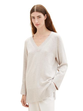 Tom Tailor Damen 1038702 Longstyle Basic Pullover mit V-Ausschnitt, 32398-clouds Grey Melange, M