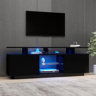 Generic TV Lowboard 140 cm Hochglanz Schwarz mit 16-Farben LED - Fernsehschrank Modern, 2 T&uuml;ren Glasf&auml;cher, RGB Lichtleiste, f&uuml;r 60 Zoll TV, viel Stauraum Ele