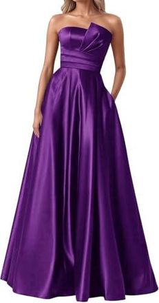 Generic Robe de bal longue sans bretelles en satin pour femme - Robe de soir&eacute;e formelle sans manches, violet, 50 Grande taille