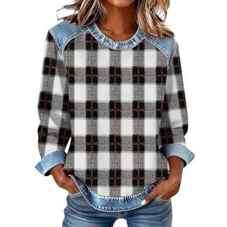 Generic Sweats pour femme sans capuche tendance vintage patchwork en denim sweatshirt printemps sortie tops couture plaid denim chemise habill&eacute;e d&eacute;contract&eacute;e 