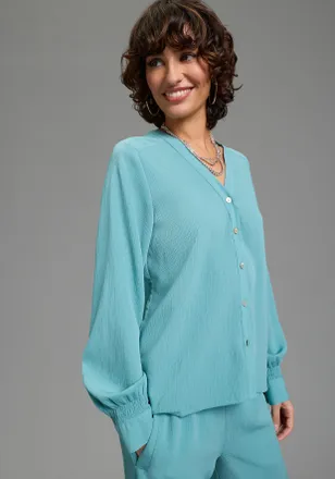 Laura Scott Langarmbluse LAURA SCOTT, Damen, Gr. 34, blaugr&uuml;n, Web, Obermaterial: 100% Polyester, unifarben, figurumspielend h&uuml;ftbedeckend, V-Ausschnitt, 1-Knopf-