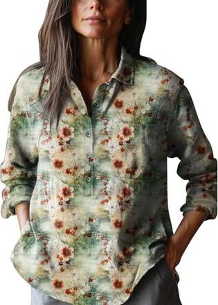 Generico Chemise Femme d&Eacute;t&eacute; &Eacute;l&eacute;gant Manches Longues Chemisier Coton Et Lin Curvy Grande Taille T Shirt Col en V Classique Blouse Vintage Fantaisie avec Boutons