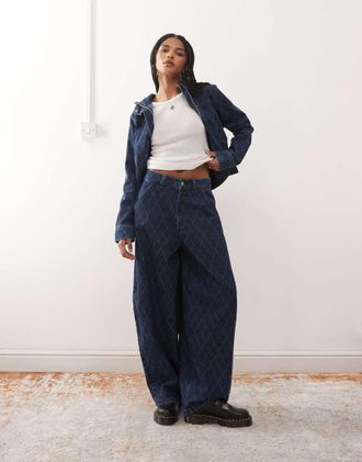 Collusion X006 XL - Jean bouffant à imprimé losanges - Brut délavé-Bleu marine