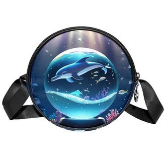 Generic Sac &agrave; bandouli&egrave;re rond pour femme, motif dauphin, boule de cristal, petit sac &agrave; bandouli&egrave;re avec fermeture &eacute;clair, bretelles r&eacute;glables, sac &agrave; main ron