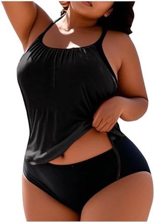 Generic Maillot de bain 2 pi&egrave;ces grande taille pour femme, maillot de bain gainant avec bas de bikini, short de bain surdimensionn&eacute;, noir 1, L