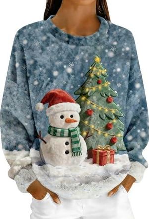 Generic Pull de Noël pour femme, pull mignon 3D avec imprimé renne et bonhomme de neige, arbre de neige, sweat-shirt de Noël en polaire imprimé graphique Père