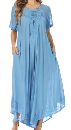 Sakkas 16603 - Egan Langes besticktes Kaftankleid/Vertuschen mit bestickten Fl&uuml;gel&auml;rmeln - P-OceanBlue - OS