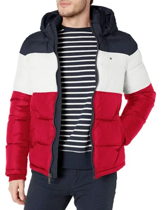 Tommy Hilfiger Herren Klassische Kapuzenjacke (Normale Gr&ouml;&szlig;en) Daunenalternative Mantel, Midnight/White/Red, XXL Tall